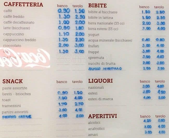 Menu at Caffè Italia pub & bar, Rome, Via di S. Croce in Gerusalemme