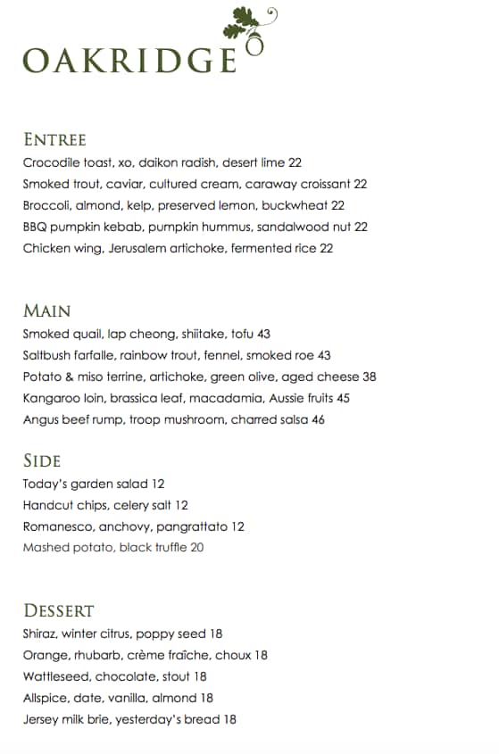 Menu at Oakridge Wines restaurant, Coldstream