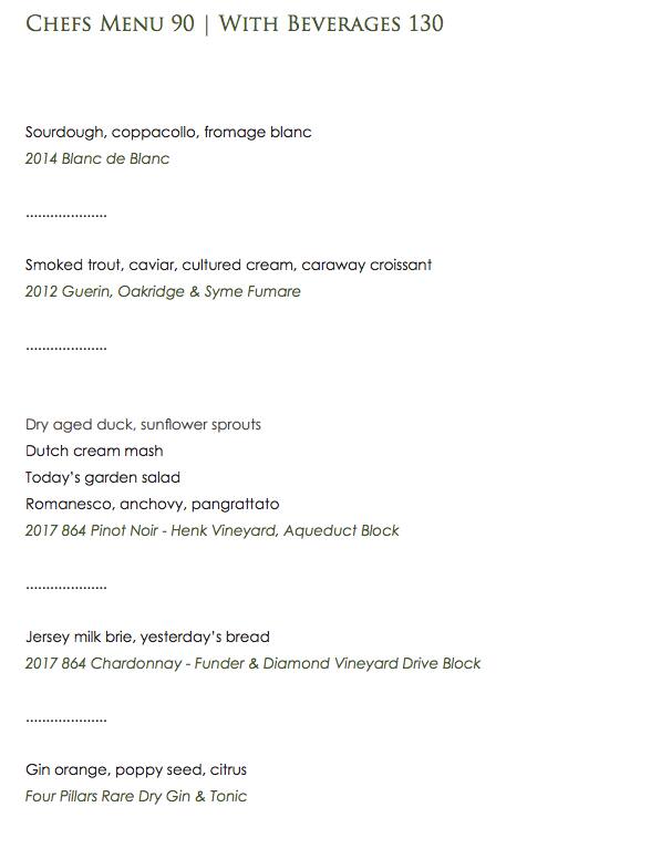 Menu at Oakridge Wines restaurant, Coldstream