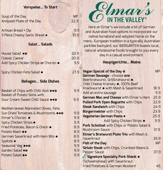 Menu at Elmar's cafe, Perth