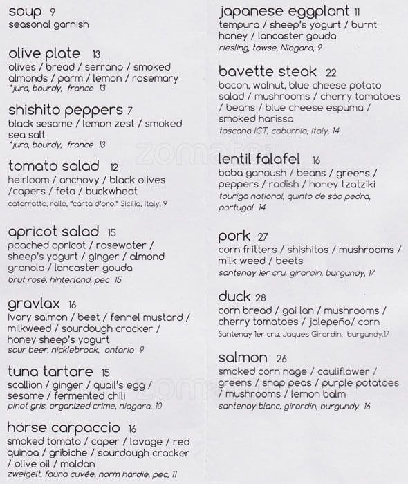 Carta del pub y bar Fauna, Ottawa