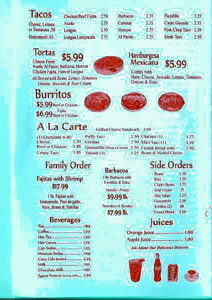 Menu at La Huasteca Restaurant, San Antonio, San Pedro Ave
