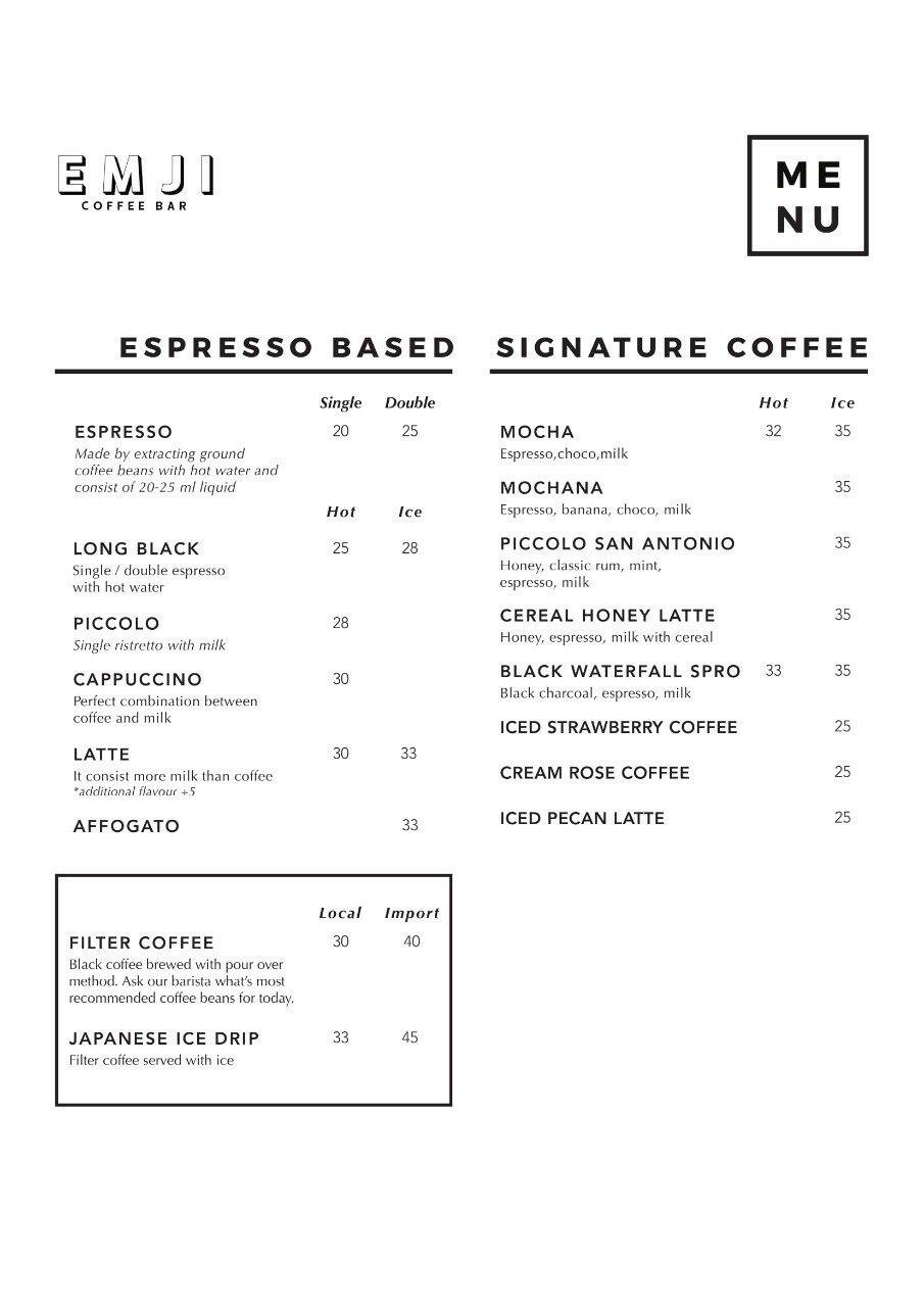 Menu at Emji Coffee Bar & Space, Jakarta, The Bellagio Mansion
