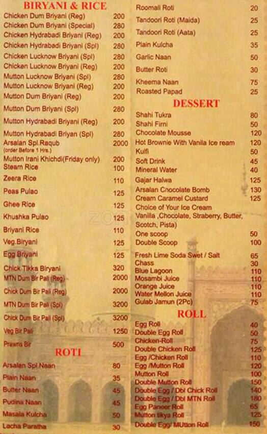 Arsalan Menu Menu For Arsalan Khar Mumbai Zomato