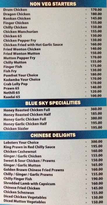 Menu at Blue sky, Guduvanchery, 186