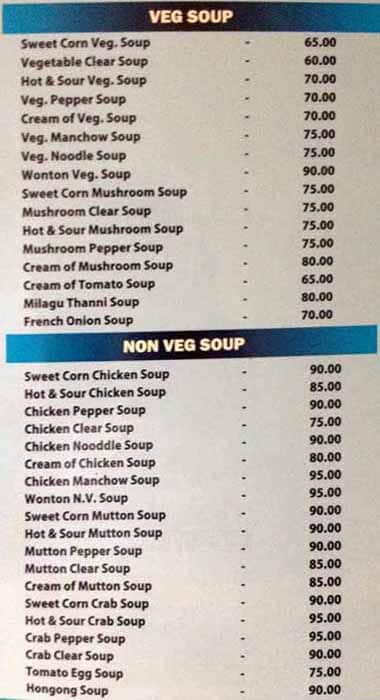 Menu at Blue sky, Guduvanchery, 186