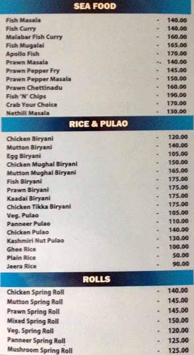 Menu at Blue sky, Guduvanchery, 186