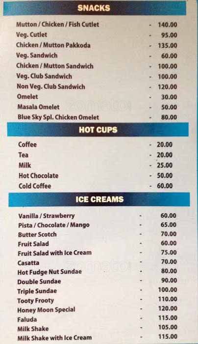 Menu at Blue sky, Guduvanchery, 186