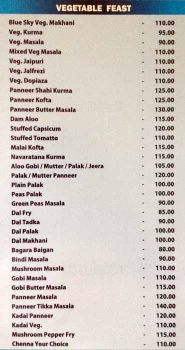 Menu at Blue sky, Guduvanchery, 186