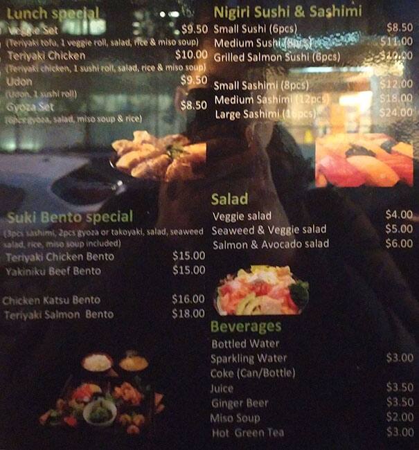 Menu at Suki Sushi restaurant, Sydney