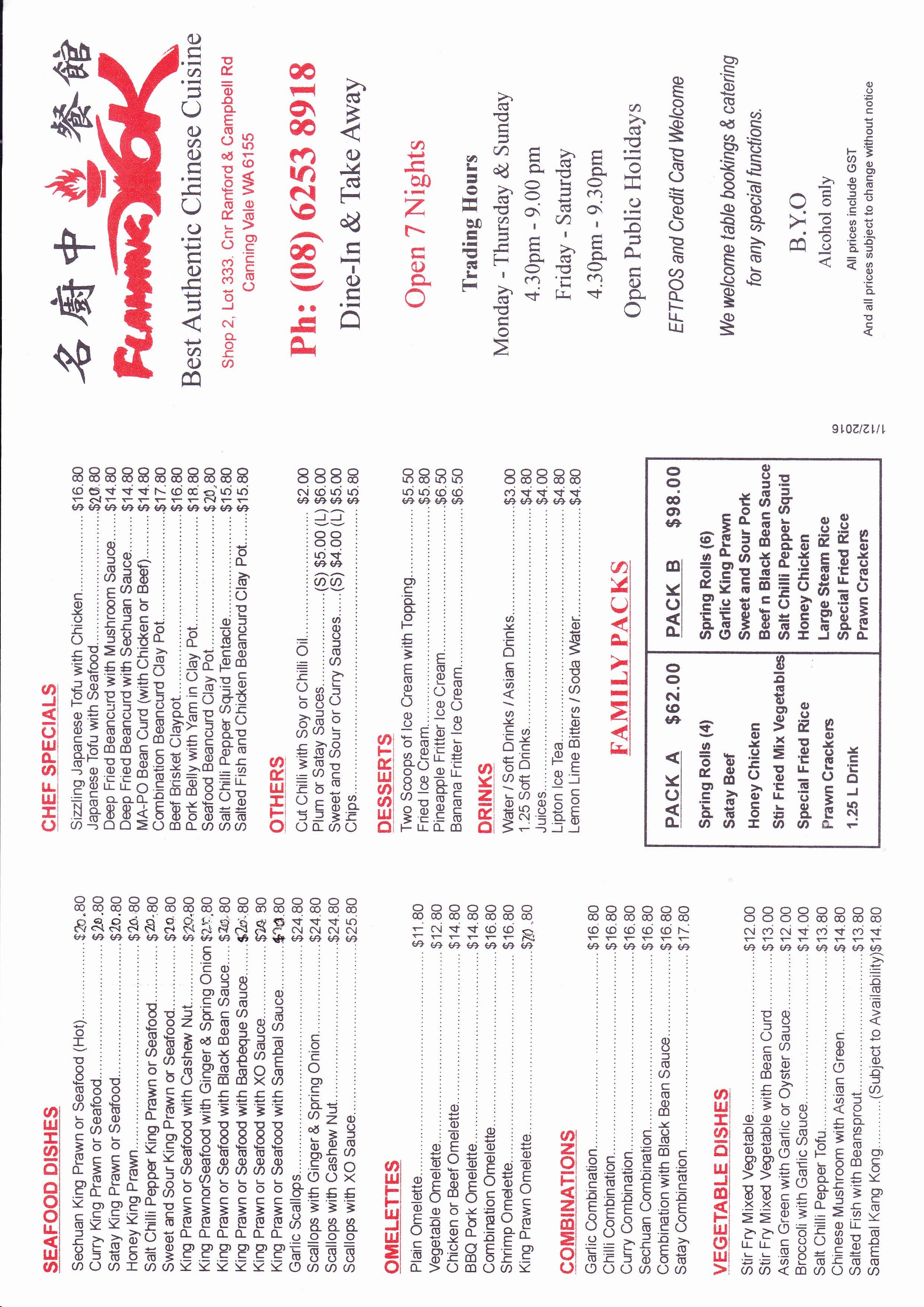 Menu at Flaming Wok restaurant, Canning Vale, 2/333 Ranford Rd