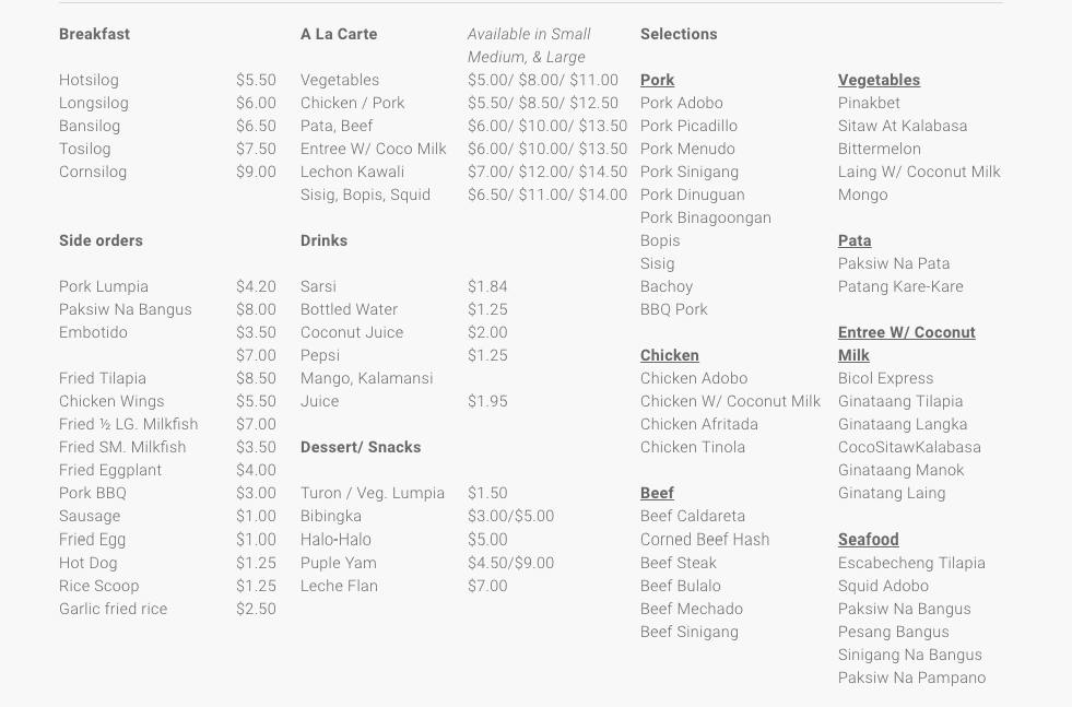 Menu at Kusina Ni Tess restaurant, San Francisco