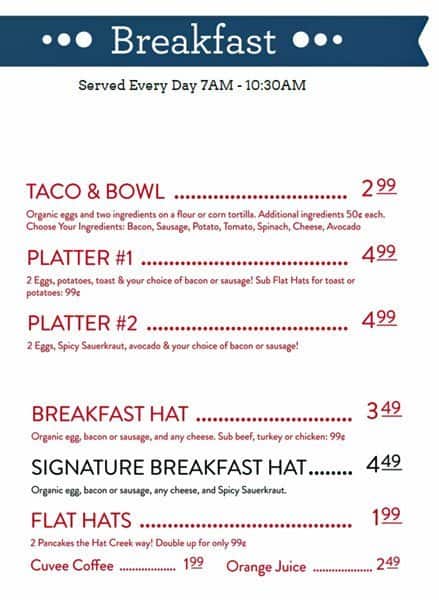 Menu at Hat Creek Burger Company fast food, Georgetown