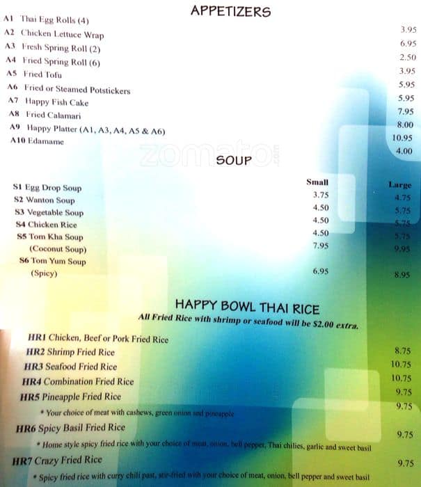 Menu at Happy Bowl restaurant, Fort Worth, White Settlement Rd