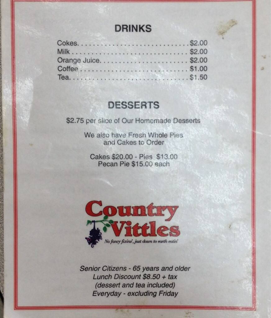 Menu at Country Vittles restaurant, Crossett, 301 Main St