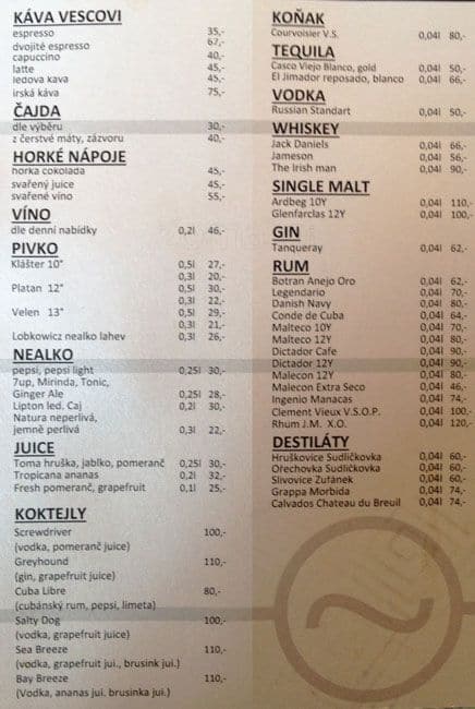Menu at Klub Centrála pub & bar, Prague