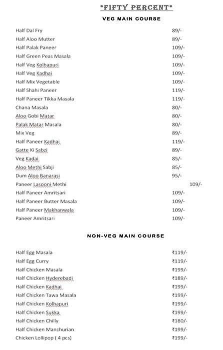 Menu of Fifty Percent, Kasarvadavli, Thane West, Thane