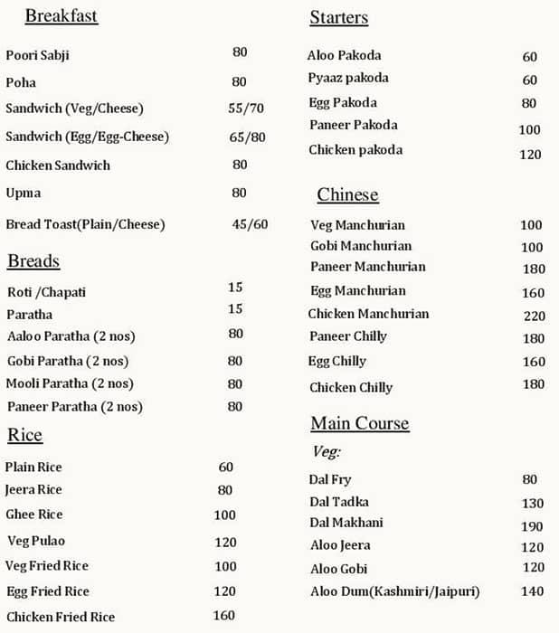 Menu of Hotel Raj Residency, Wilson Garden, Bangalore