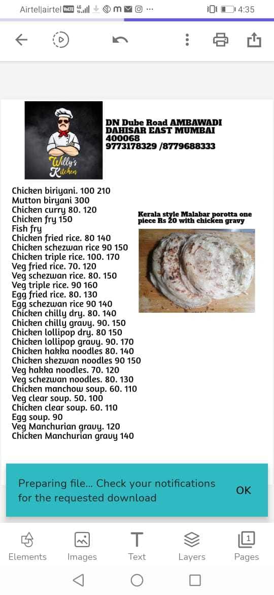 Menu of Willy's Kitchen, Dahisar East, Mumbai