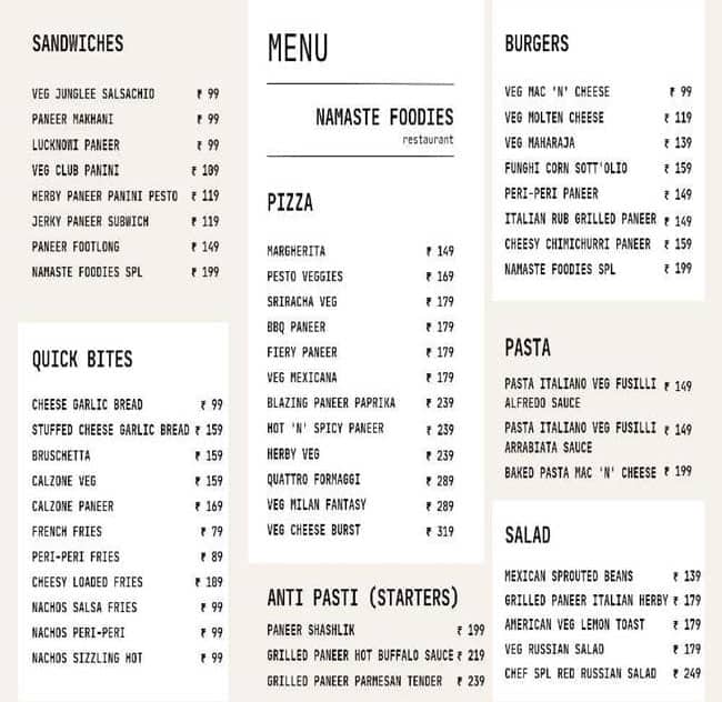 Menu of Namaste Foodies, Palghar, Mumbai