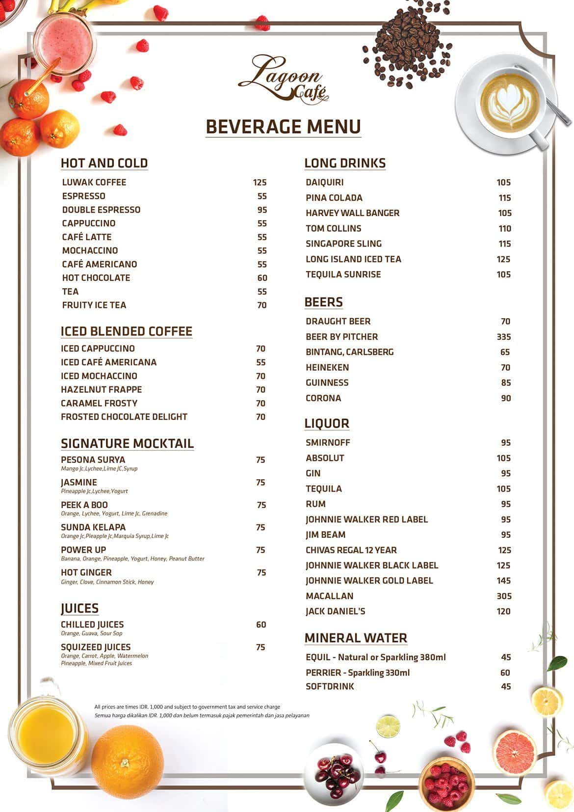 Menu at Lagoon Lounge - The Sultan Hotel cafe, Jakarta, Lobby Hotel ...