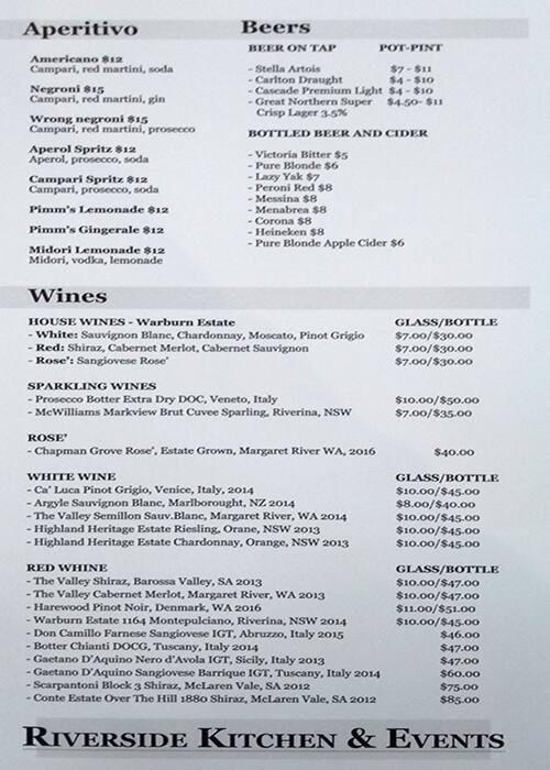 Carta del restaurante Riverside Kitchen & Events, Ascot Vale