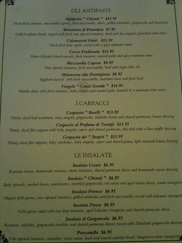 Menu at Chianti Ristorante Italiano restaurant, Greenwood Village