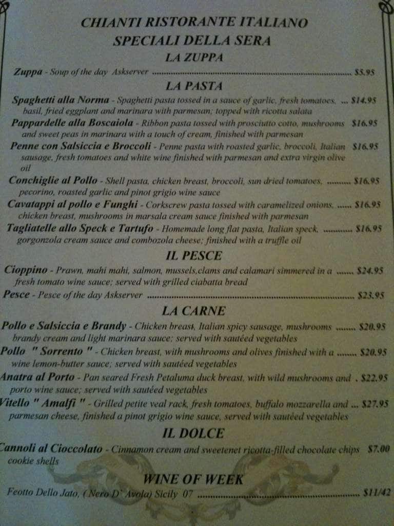 Menu at Chianti Ristorante Italiano restaurant, Greenwood Village