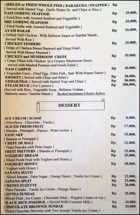 Menu at Bintang Bali Restaurant, Buleleng