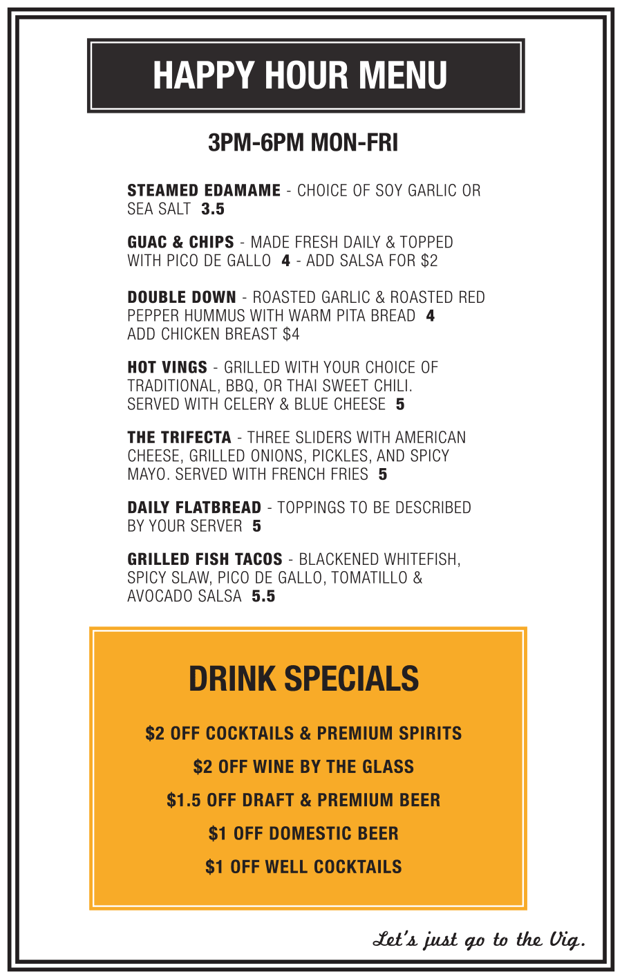 Menu at The Vig pub & bar, Phoenix, N 16th St