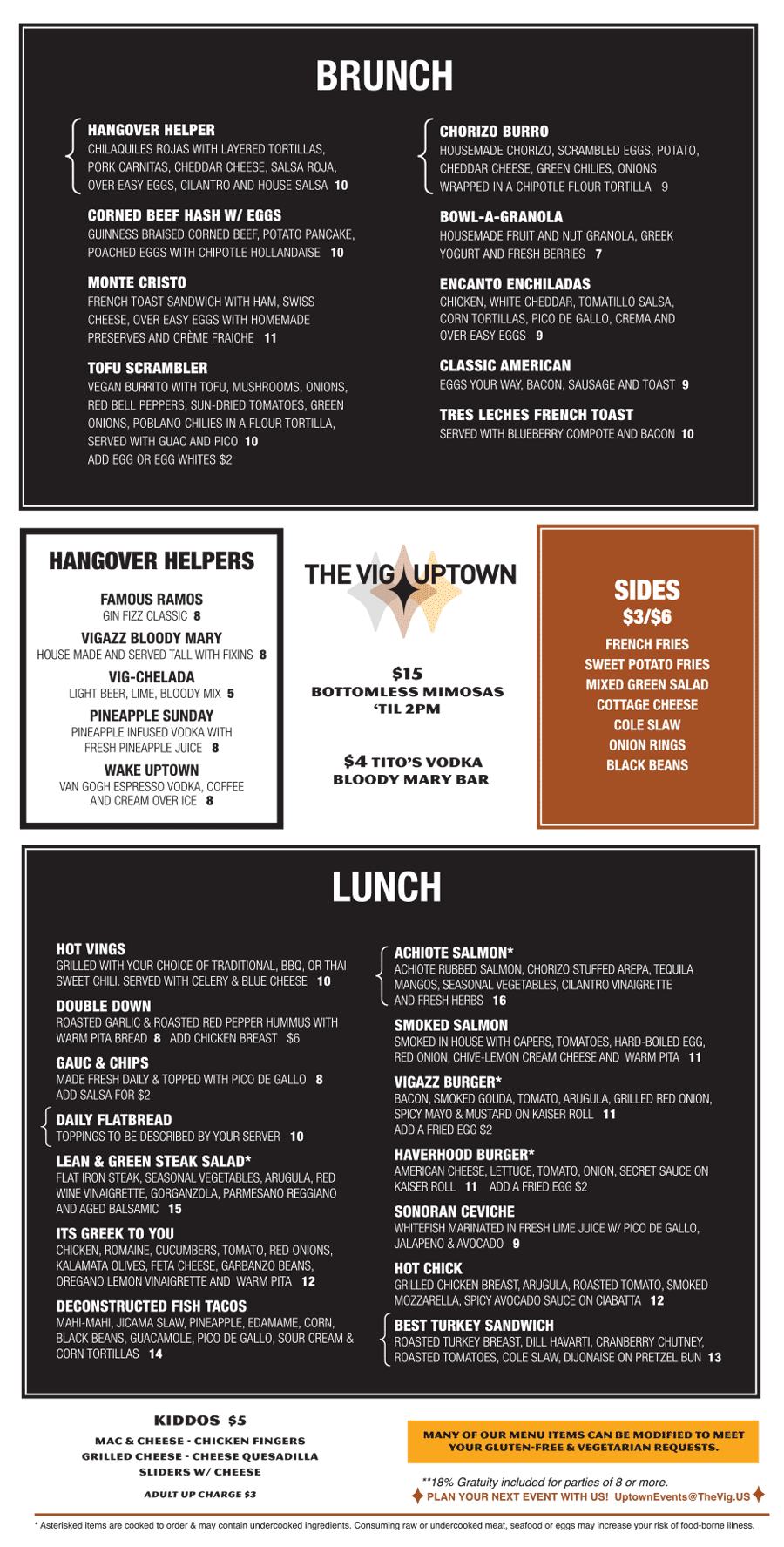 Menu at The Vig pub & bar, Phoenix, N 16th St