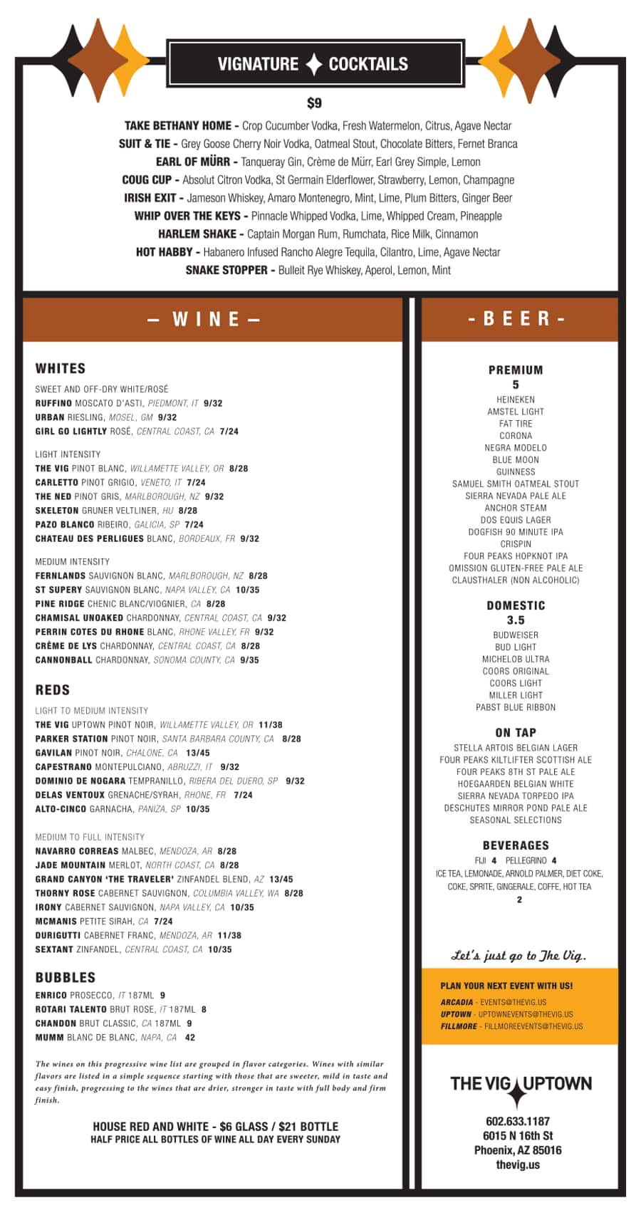 Menu at The Vig pub & bar, Phoenix, N 16th St