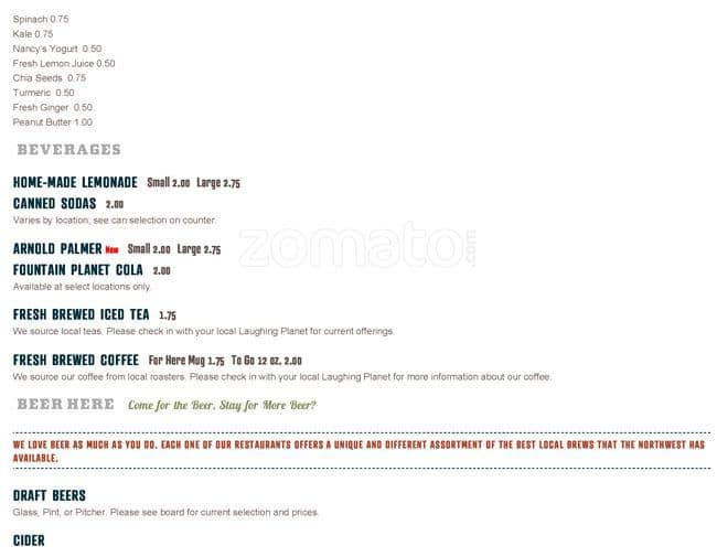 Menu at Laughing Planet restaurant, Portland, S Vermont St