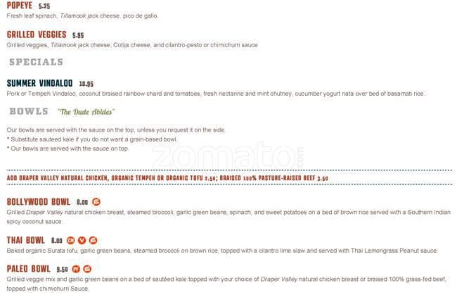 Menu at Laughing Planet restaurant, Portland, S Vermont St