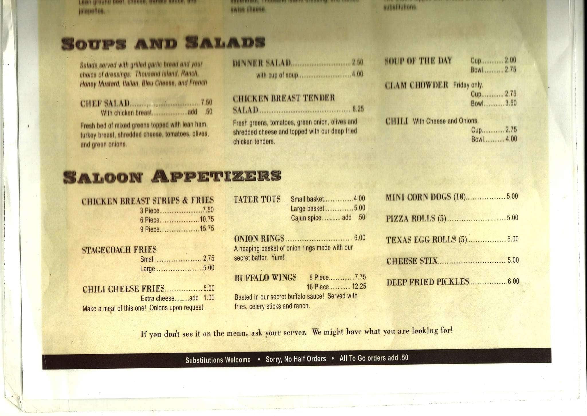 Menu at The Stagecoach Saloon pub & bar, Fairview