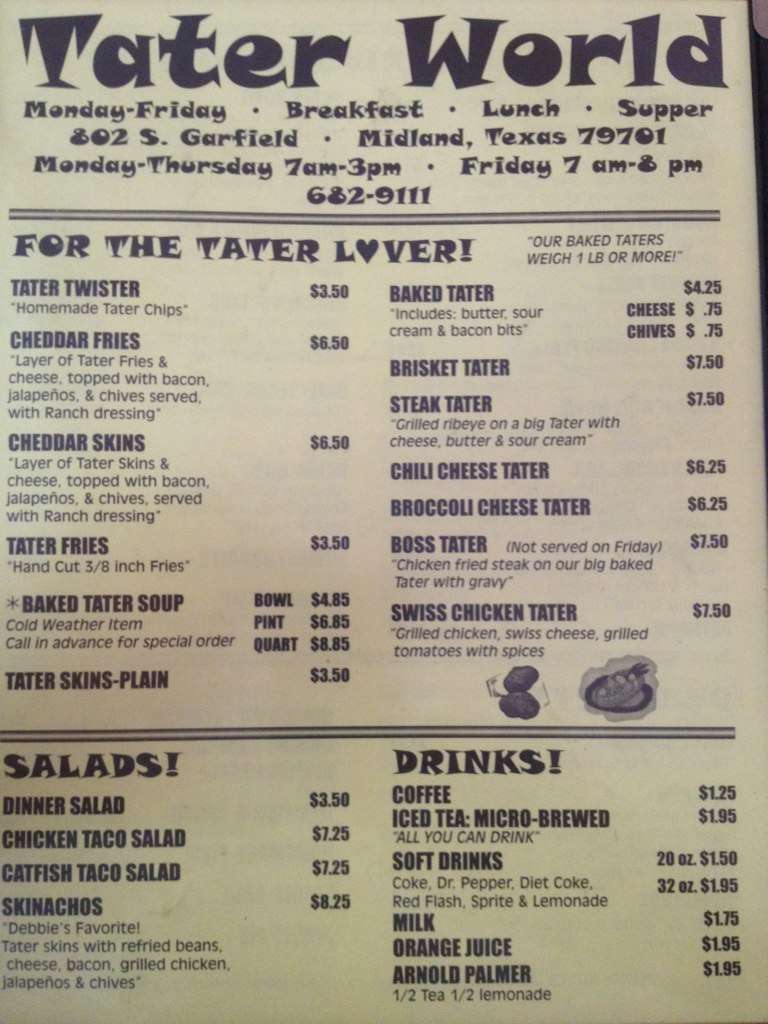 Tater World Menu, Menu for Tater World, Midland, Odessa - Urbanspoon/Zomato