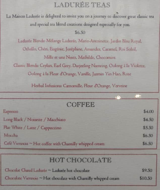 Menu at Ladurée desserts, Malvern East