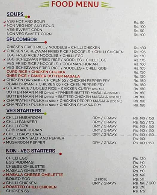 Menu of Midnight Eats, Chromepet, Chennai