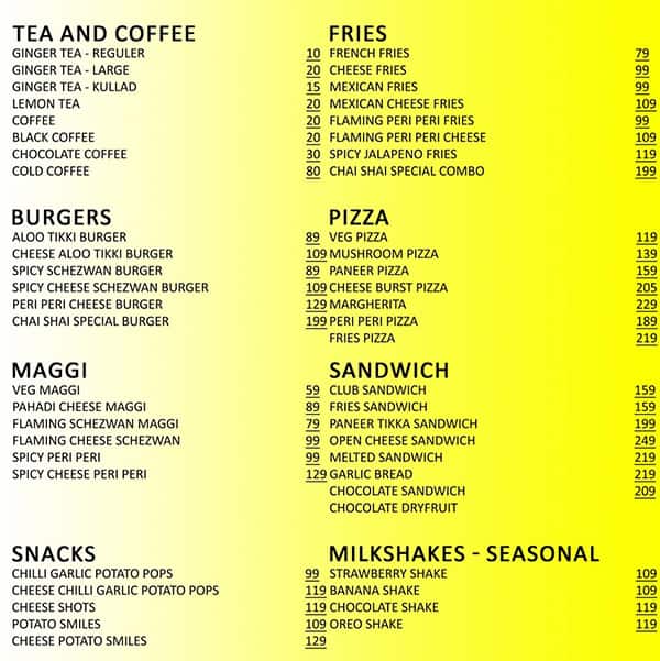 Menu of Chai Shai Cafe, Nalasopara, Mumbai