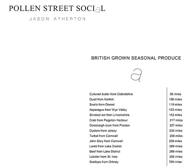 Menu at Pollen Street Social restaurant, London