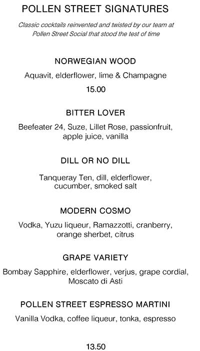 Menu at Pollen Street Social restaurant, London