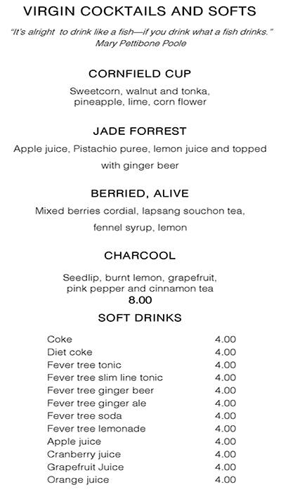 Menu at Pollen Street Social restaurant, London
