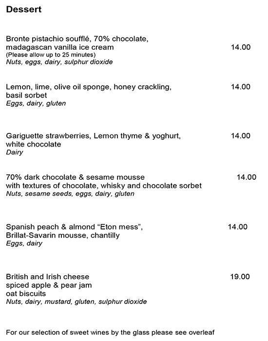 Menu at Pollen Street Social restaurant, London