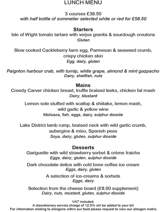 Menu at Pollen Street Social restaurant, London