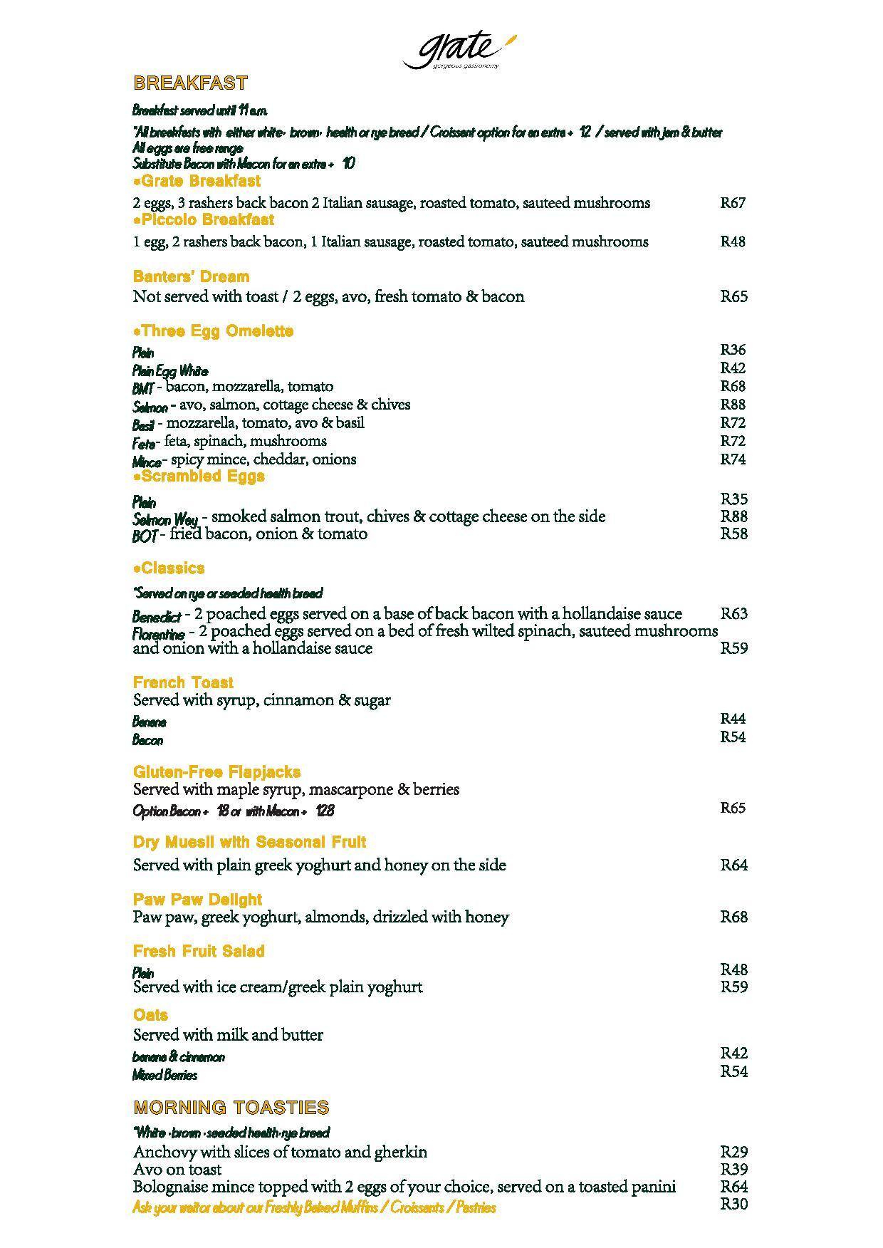 Menu at Grate cafe, Sandton