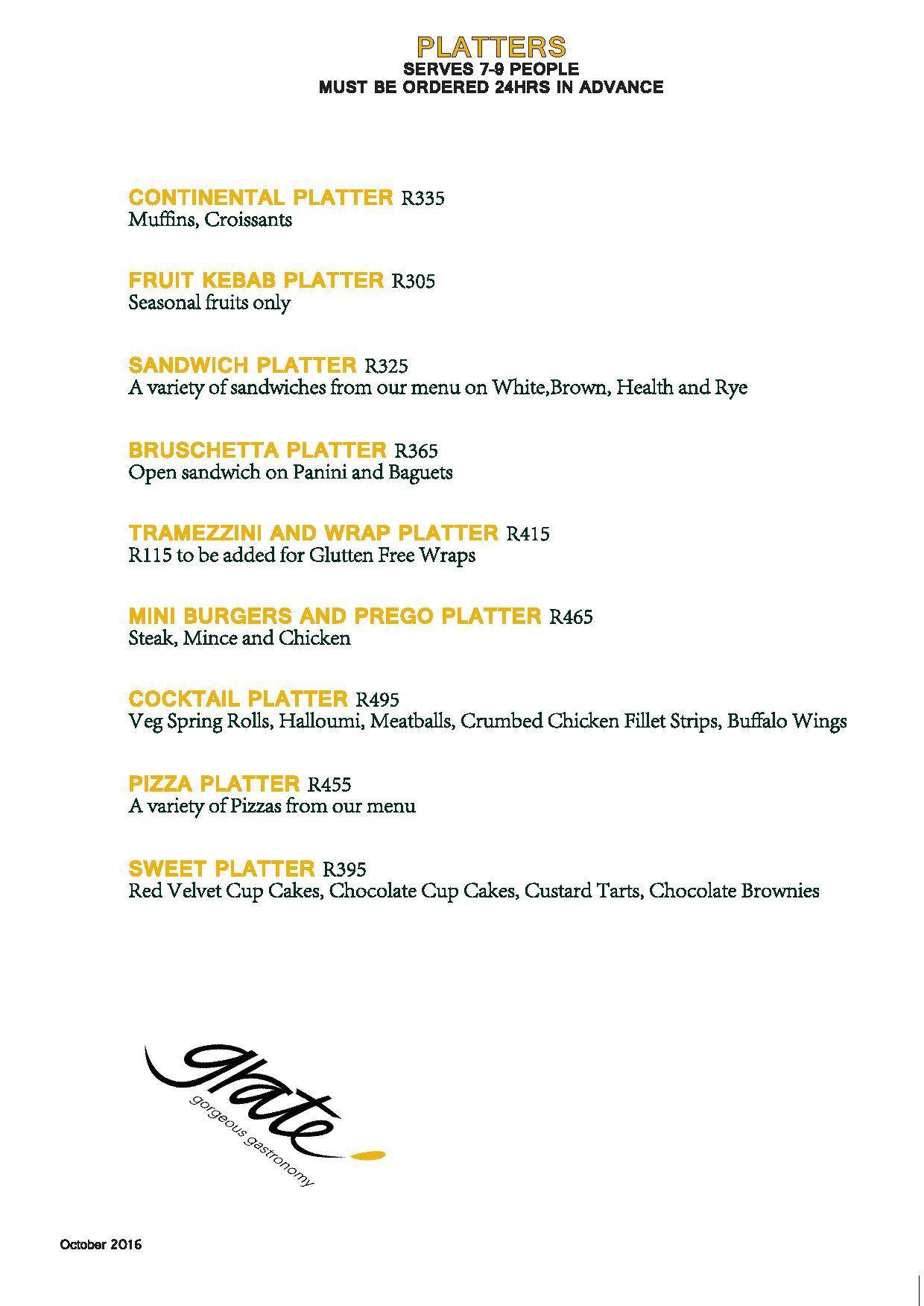Menu at Grate cafe, Sandton