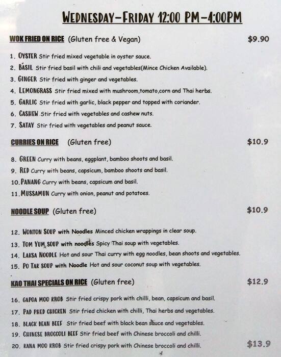 Menu at Kao Thai restaurant, Brunswick