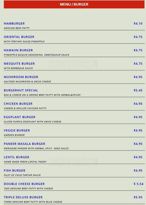 Menu at Burger and Kabob Hut restaurant, Seattle