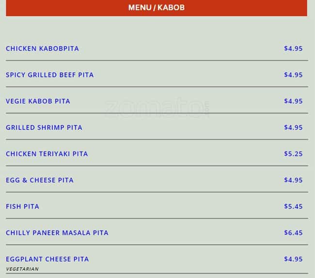 Menu at Burger and Kabob Hut restaurant, Seattle
