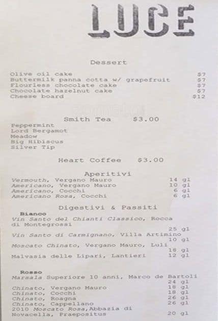 Menu at Luce restaurant, Portland